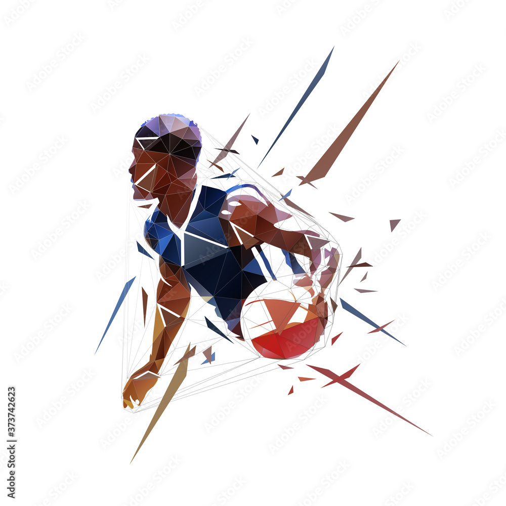 Basketball player running with ball, dribbling. Isolated low polygonal ...