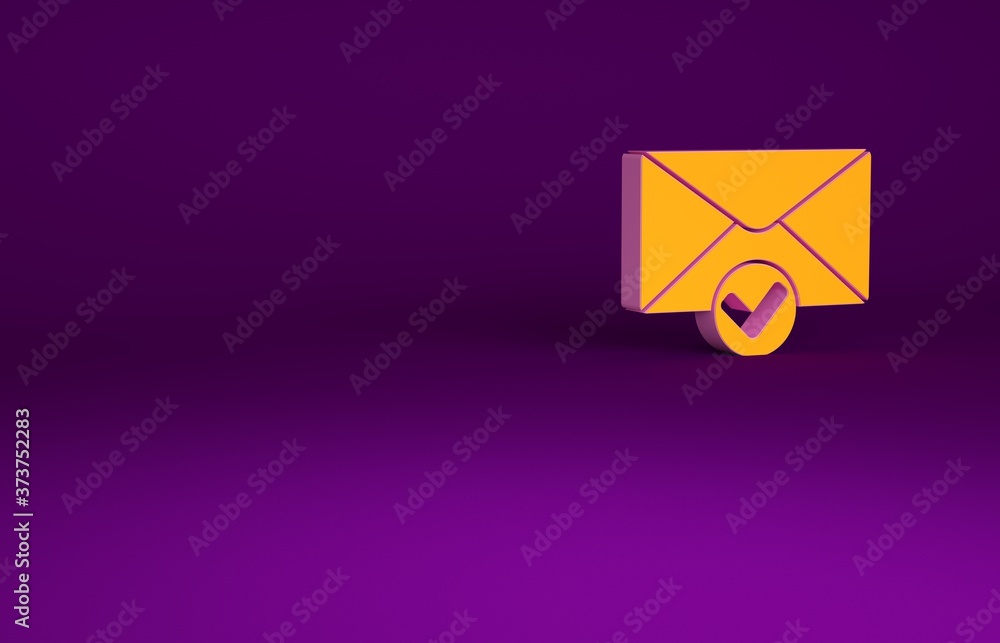 Orange Envelope and check mark icon isolated on purple background ...
