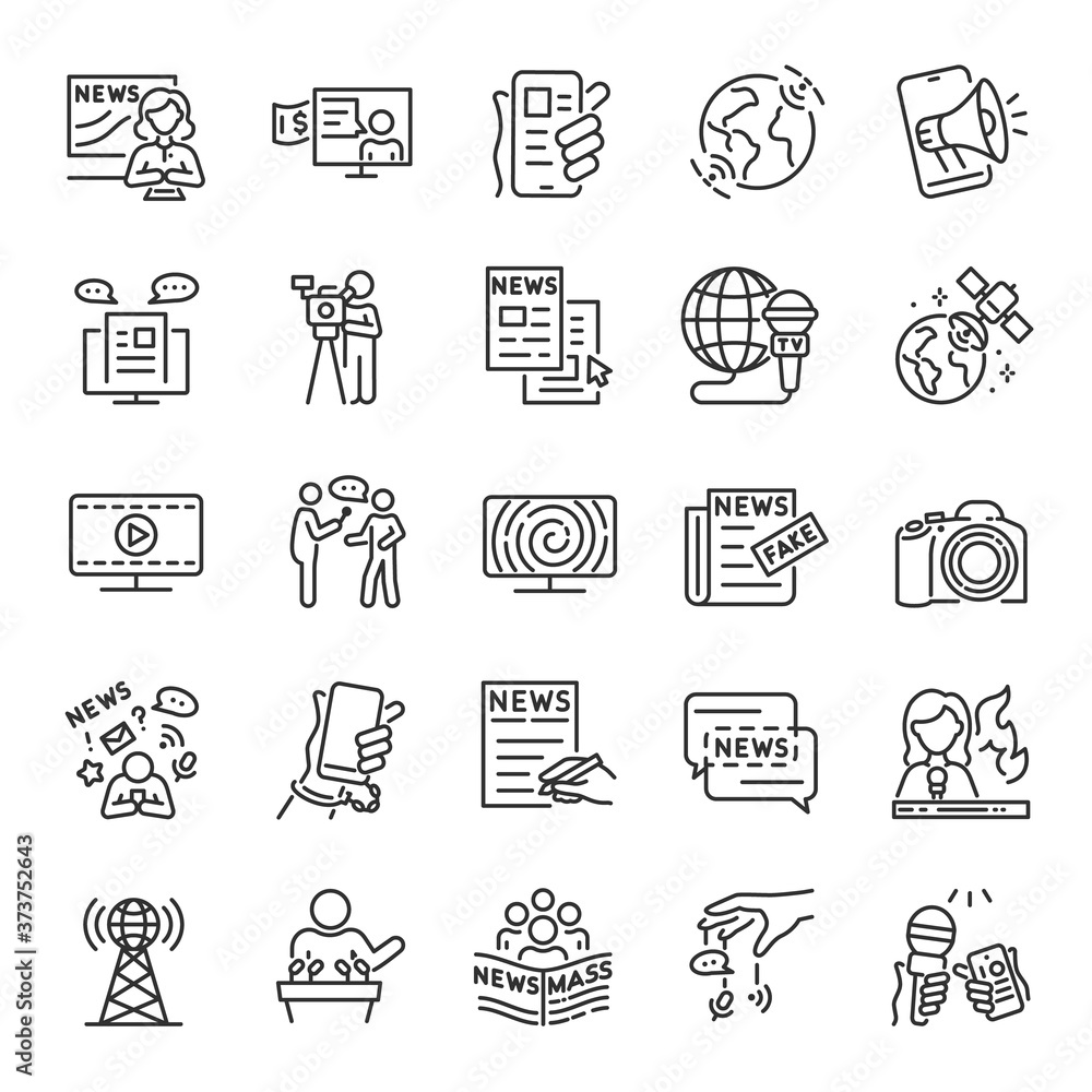 Mass media, icon set. News, linear icons. Line with editable stroke ...