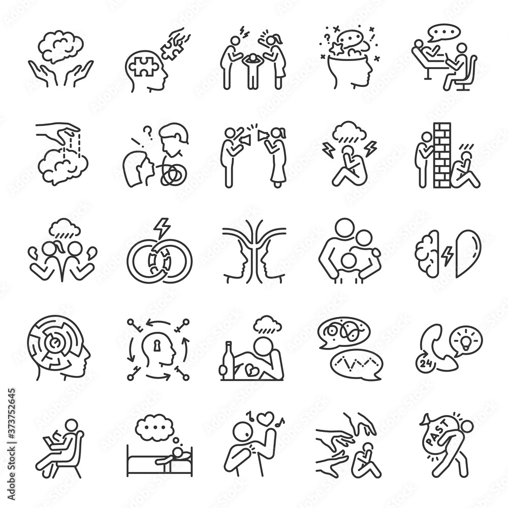 Psychology, icon set. Mind and behavior, linear icons. Group ...