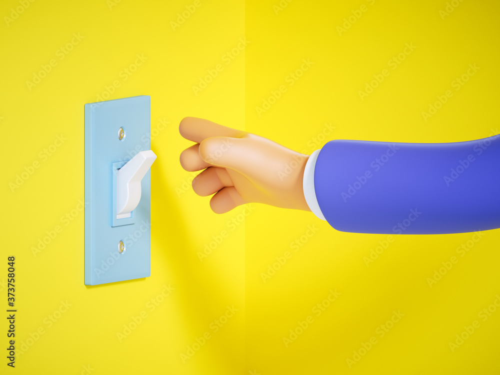 3d render, cartoon character hand is going to turn on off the light ...