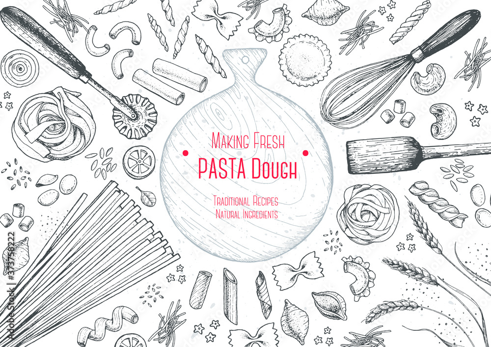 Italian pasta top view frame. Hand drawn vector illustration ...