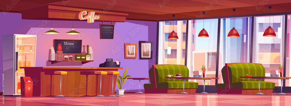Coffee shop or cafe interior with cashier desk, refrigerator ...