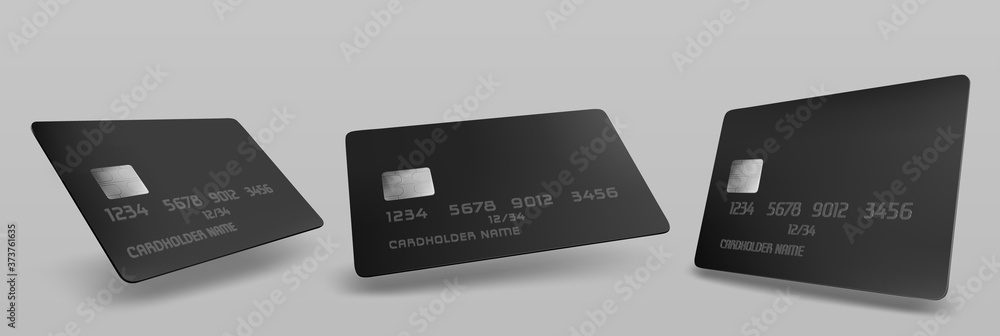 Black credit card mockup, isolated blank template with chip on grey ...