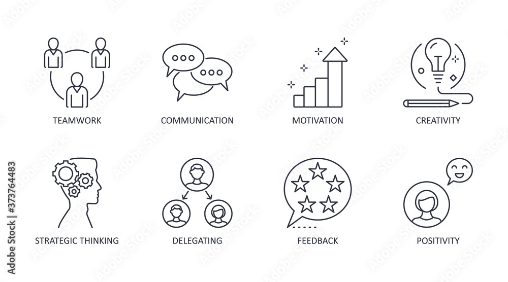 Leadership icons. Editable stroke vector icon set stock. Teamwork ...