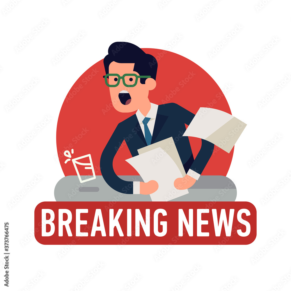 Breaking news vector flat illustration with shouting news presenter ...