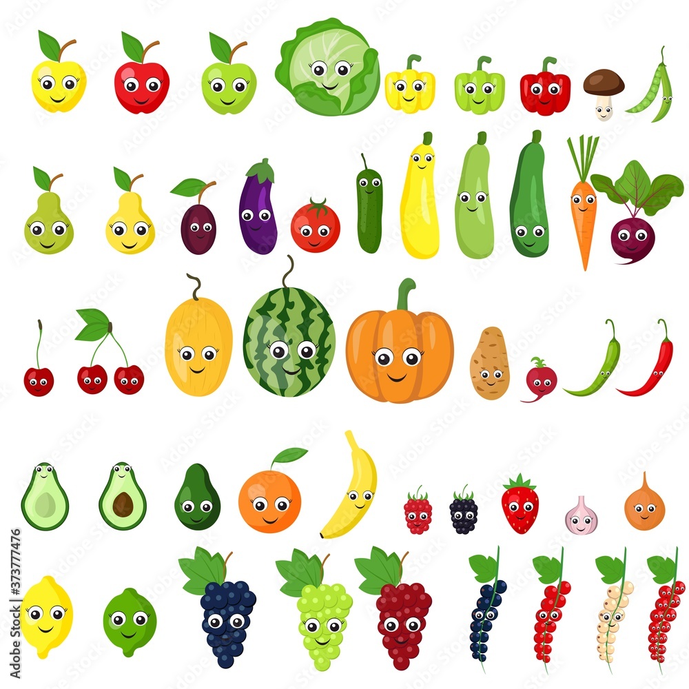Set of fruits, vegetables, berries in a flat style with cartoon eyes ...