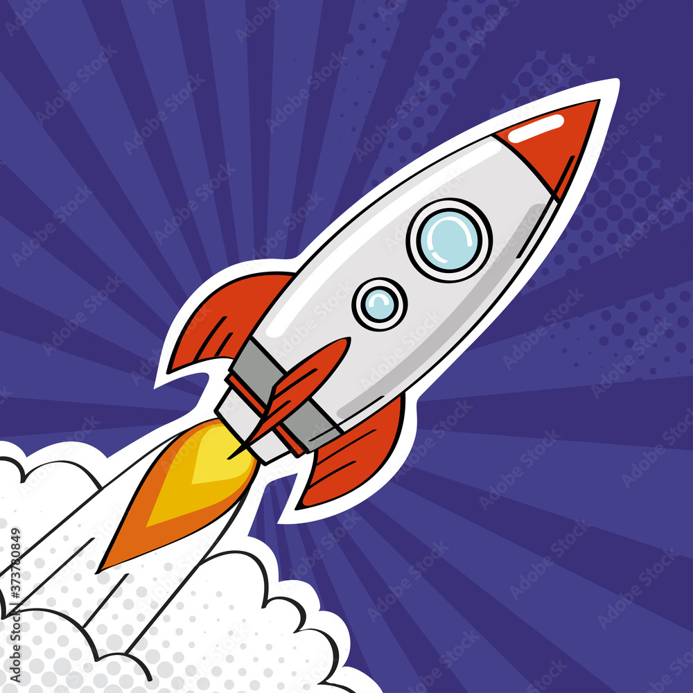 Flying rocket in the style of pop art comics. Vector retro illustration ...