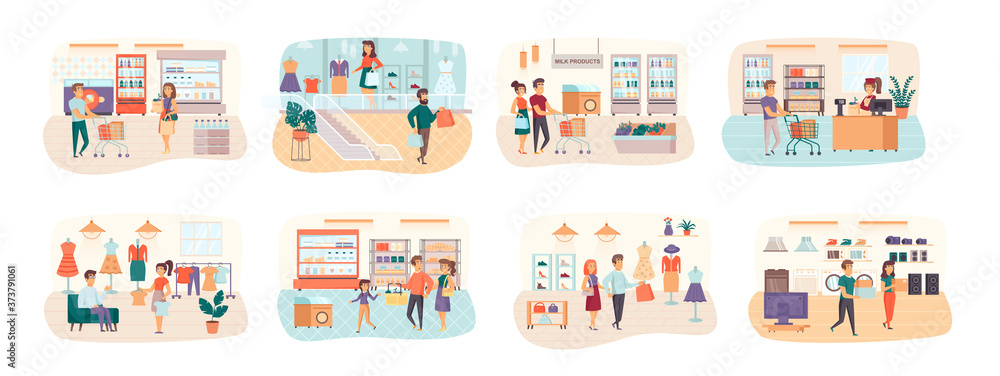 Shopping bundle of scenes with flat people characters. Weekend shopping ...
