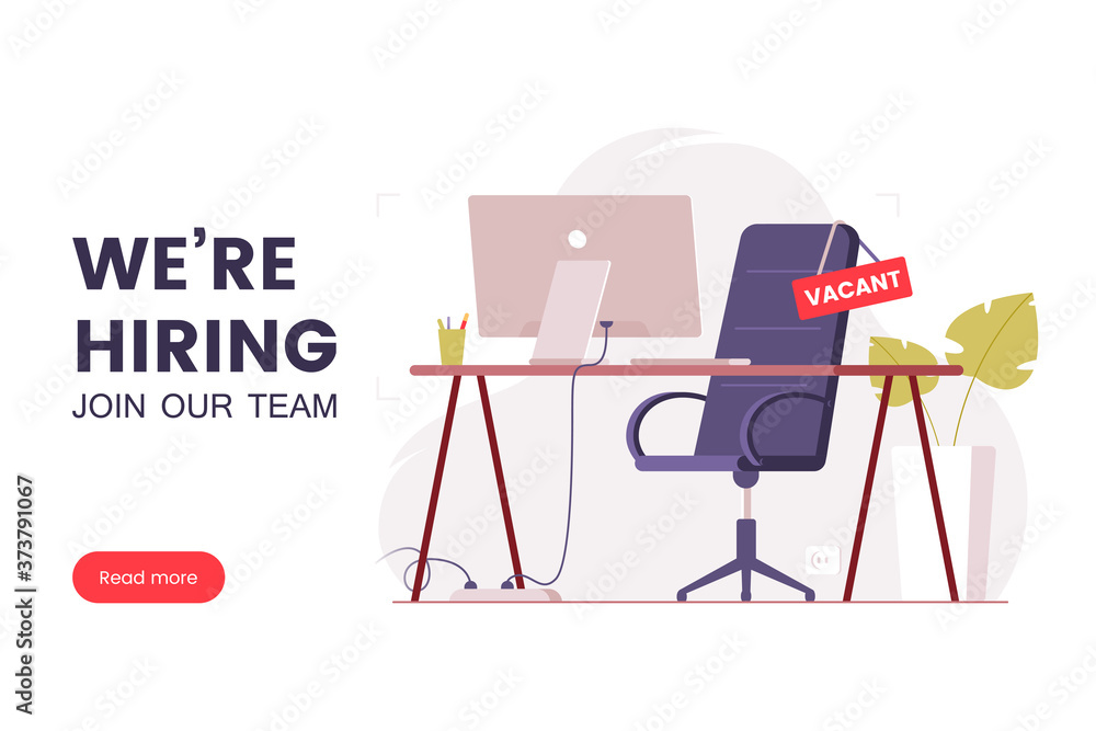 Job offer banner design. Workplace in the office with an empty chair ...