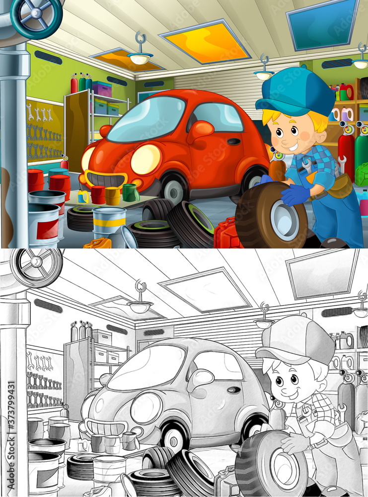 cartoon scene repairman in some garage working repairing car ...