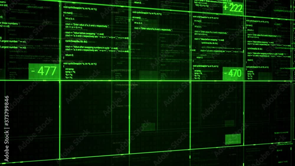 Blocks of abstract program code flowing and changing on black background. Animation. Data ...