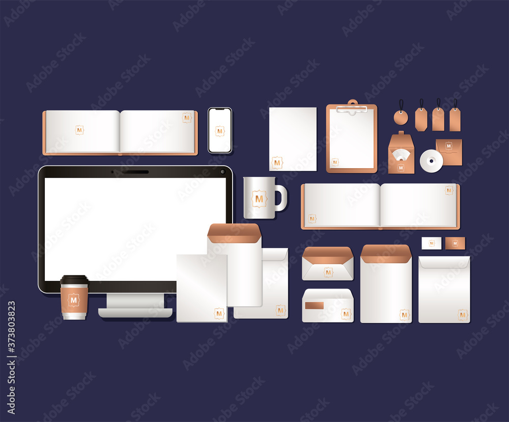 computer and branding mockup set of corporate identity and stationery ...
