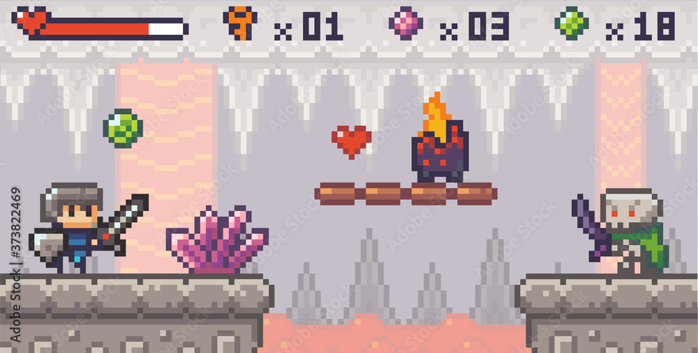 Pixel game interface. Knight throwing green bombs into skeleton ...
