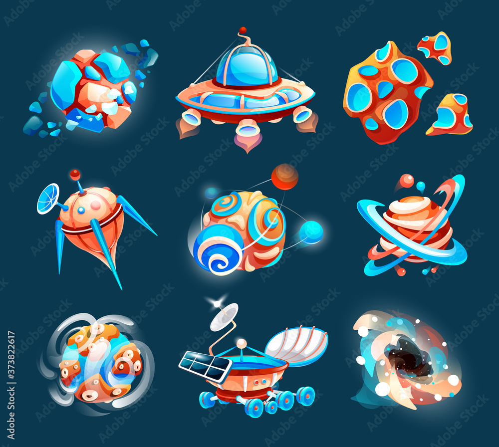 Space game elements. Outer space objects symbols and design elements ...
