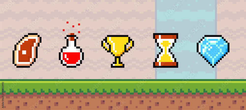 Pixel art game background with reward object in the air. Game scene ...