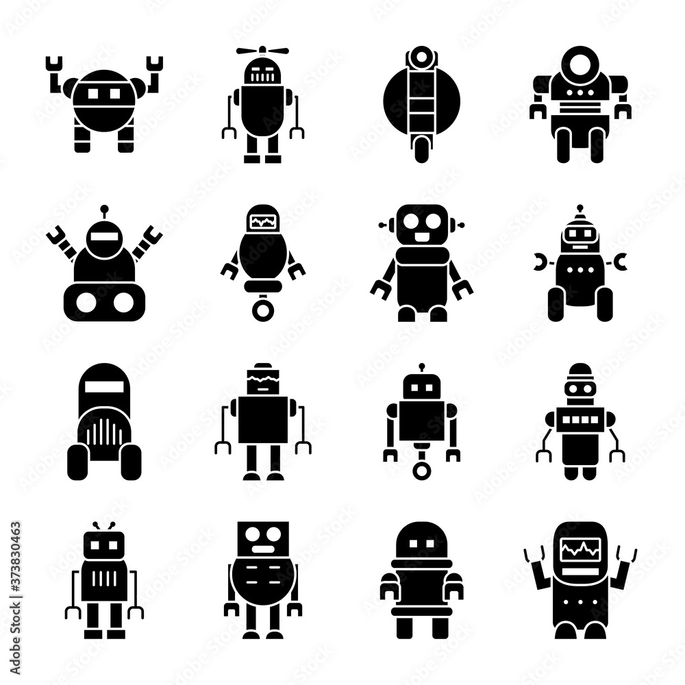 robots with wheels and robotics icon set, silhouette style Stock Vector ...