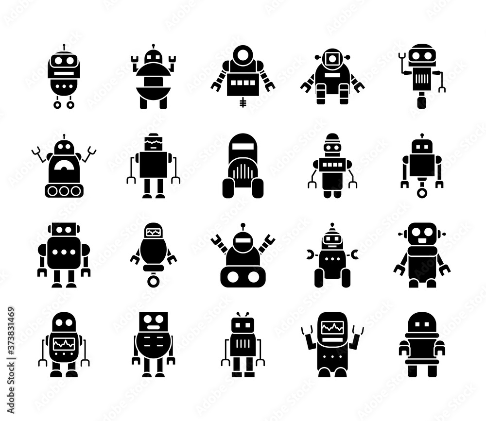 robotics and cartoon robots icon set, silhouette style Stock Vector ...