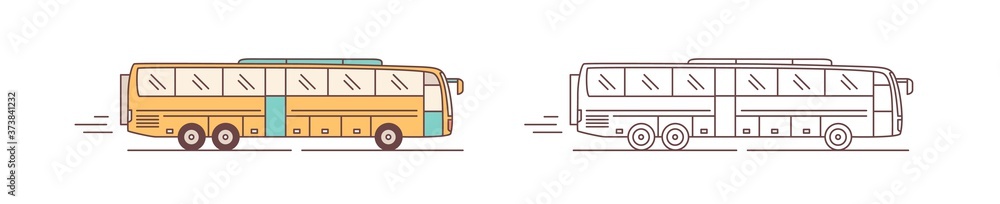 Set of color and monochrome modern passenger bus driving on road vector ...