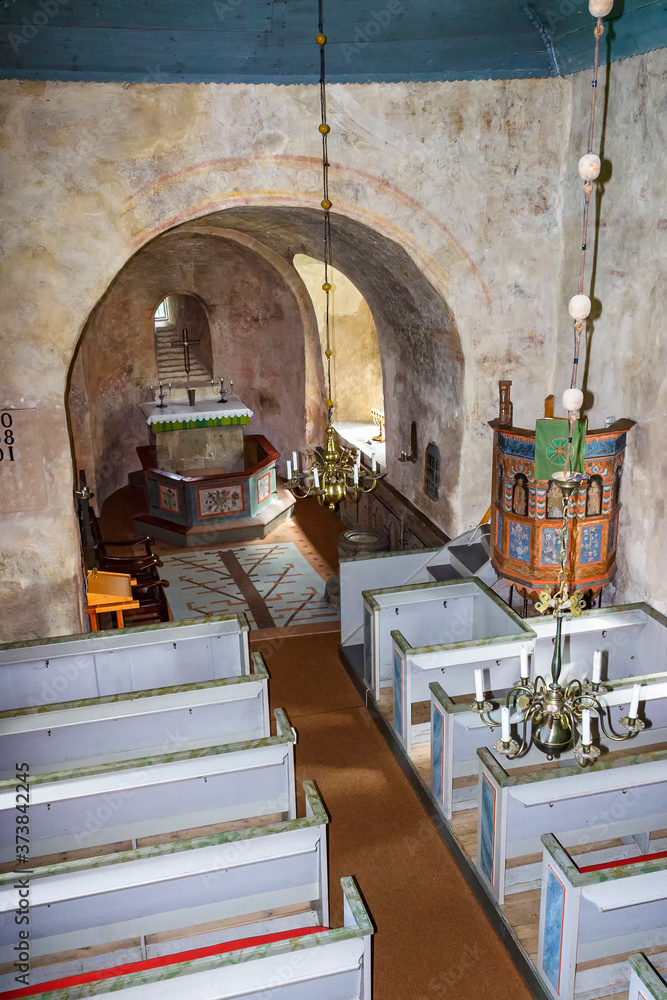 Interior with altar and pulpit in an old church from above Stock Photo ...