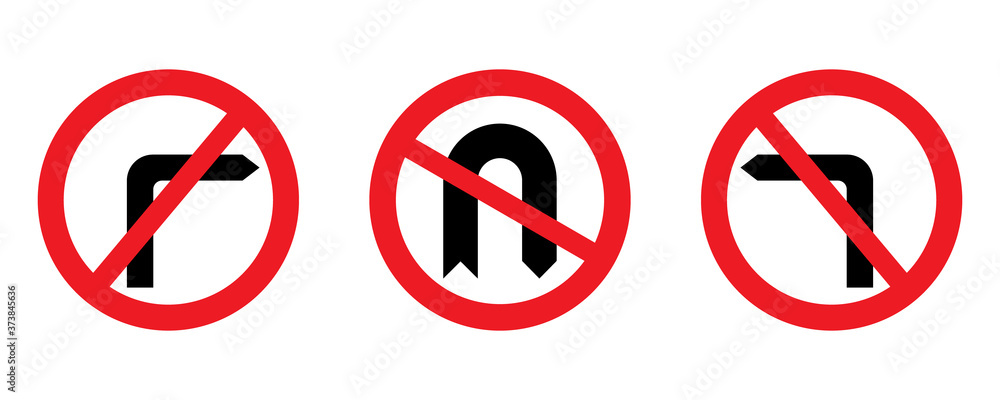 Red circle prohibition road sign set. No left turn, no right turn, no U ...