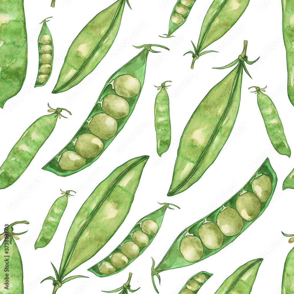 Seamless pattern of pea pods whole and opened isolated on white ...