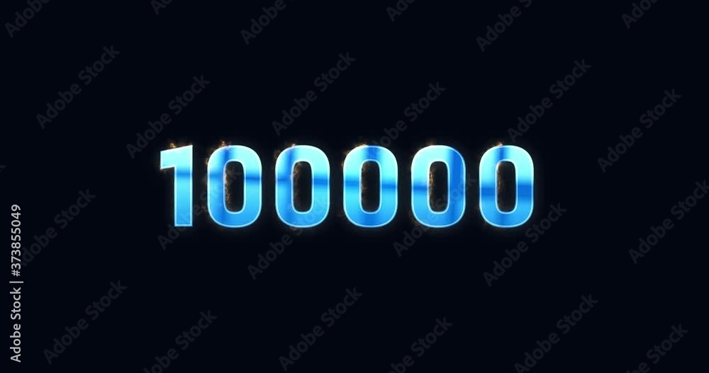 100000, 100K. Blue electric lightning word. Burning text animation on ...