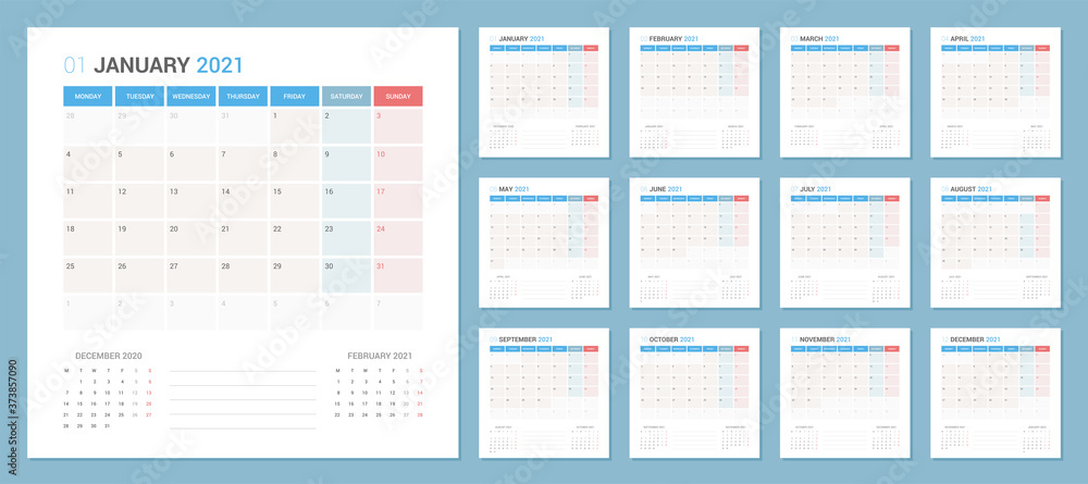 Calendar 2021 Planner Design. The week starts Monday. Stock Vector ...