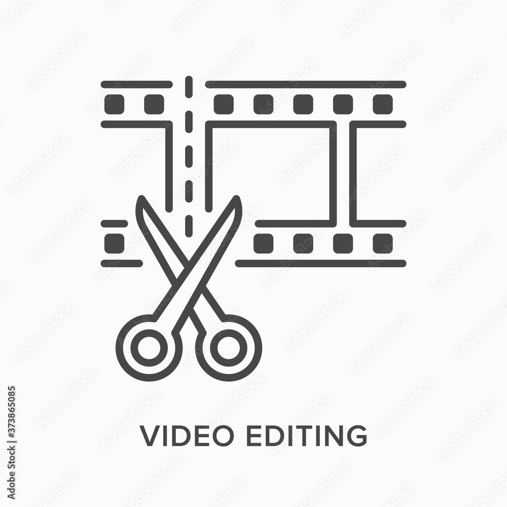 Video edit flat line icon. Vector outline illustration of movie film ...