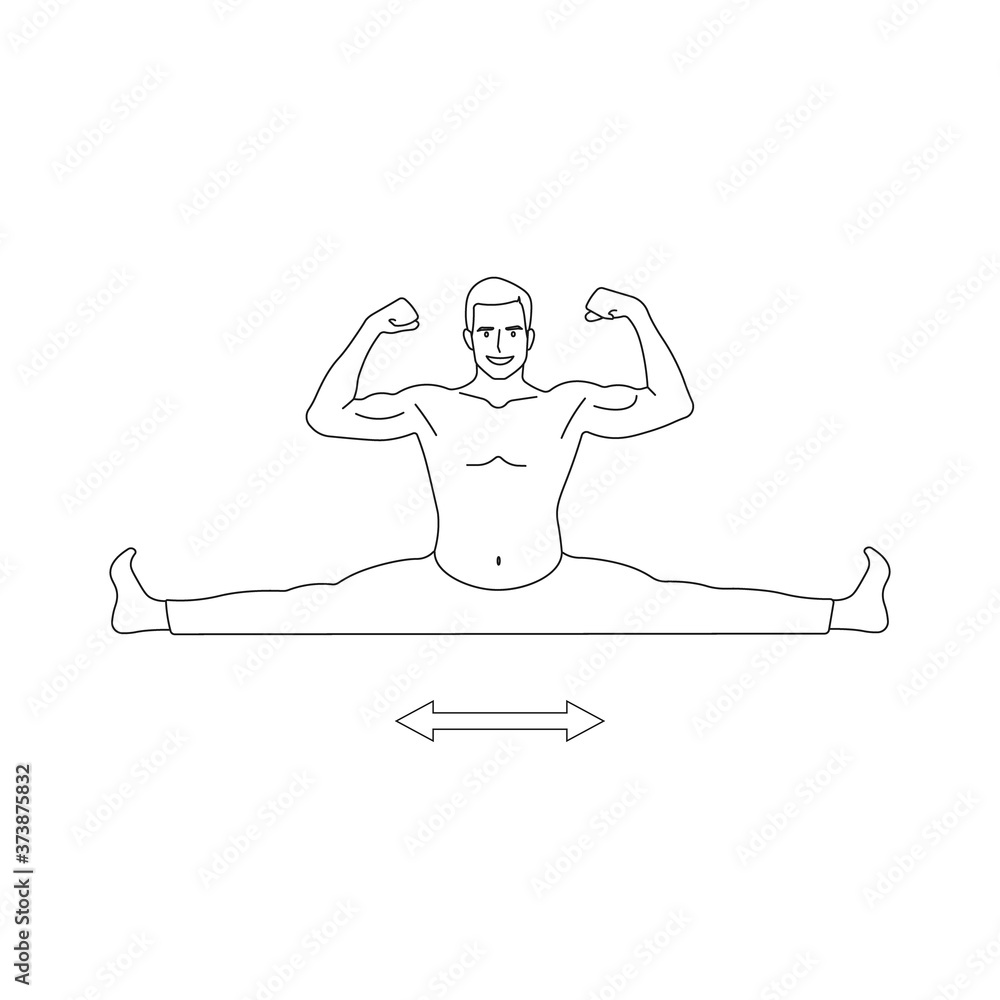 Smiling muscular man doing leg splits line art. Split legs exercise ...