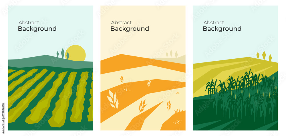 Vector illustrations with farm land, agricultural fields, hills and ...