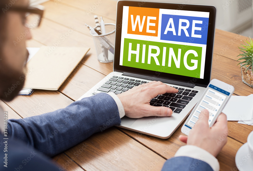 Office worker searching for job on laptop, collage with words WE ARE ...