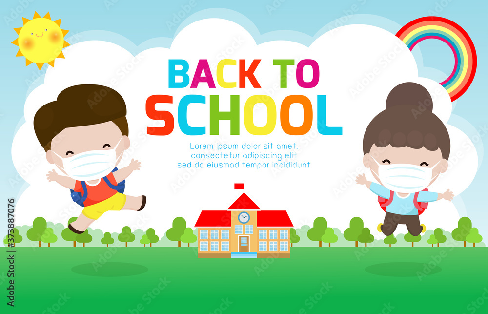 Back to school for new normal lifestyle concept. happy group of kids ...