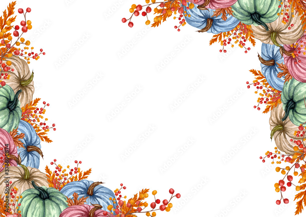 Watercolor frame with autumn pumpkins. Floral arrangement with color ...