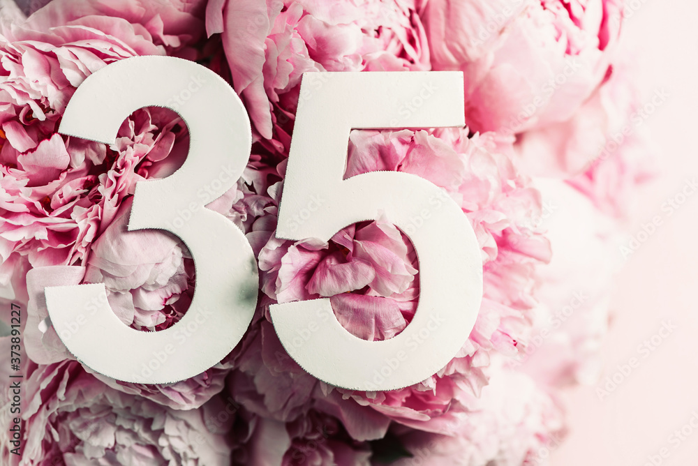 Peony flowers, digit thirty-five. Birthday greeting card with ...