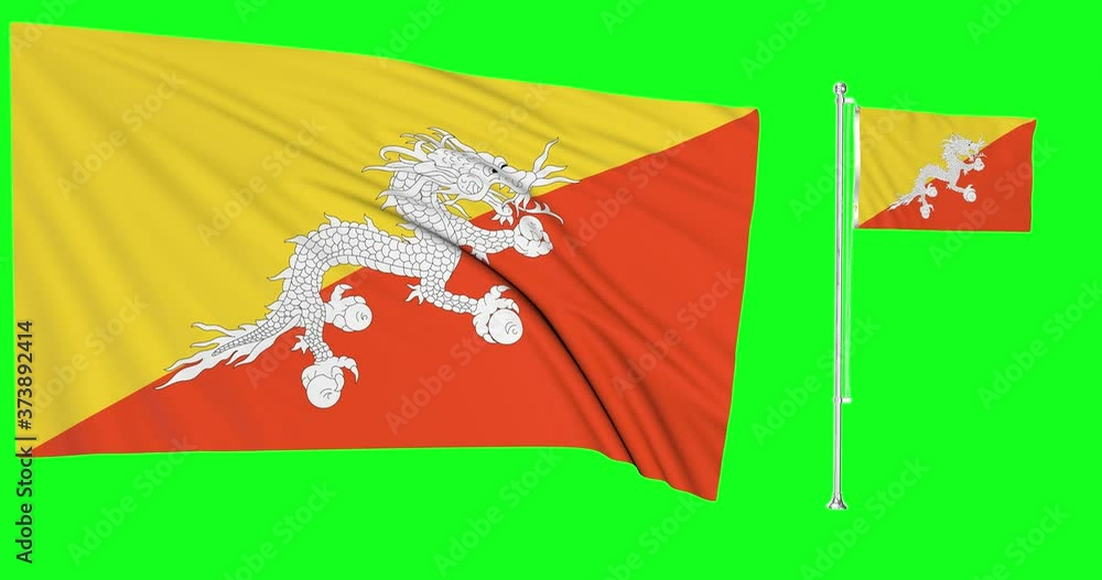 Green screen hiper realistic loop of Bhutan two flags waving in the ...