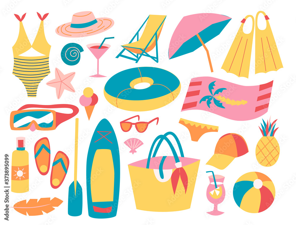Cute flat set of beach holiday elements and activities: swimsuit ...