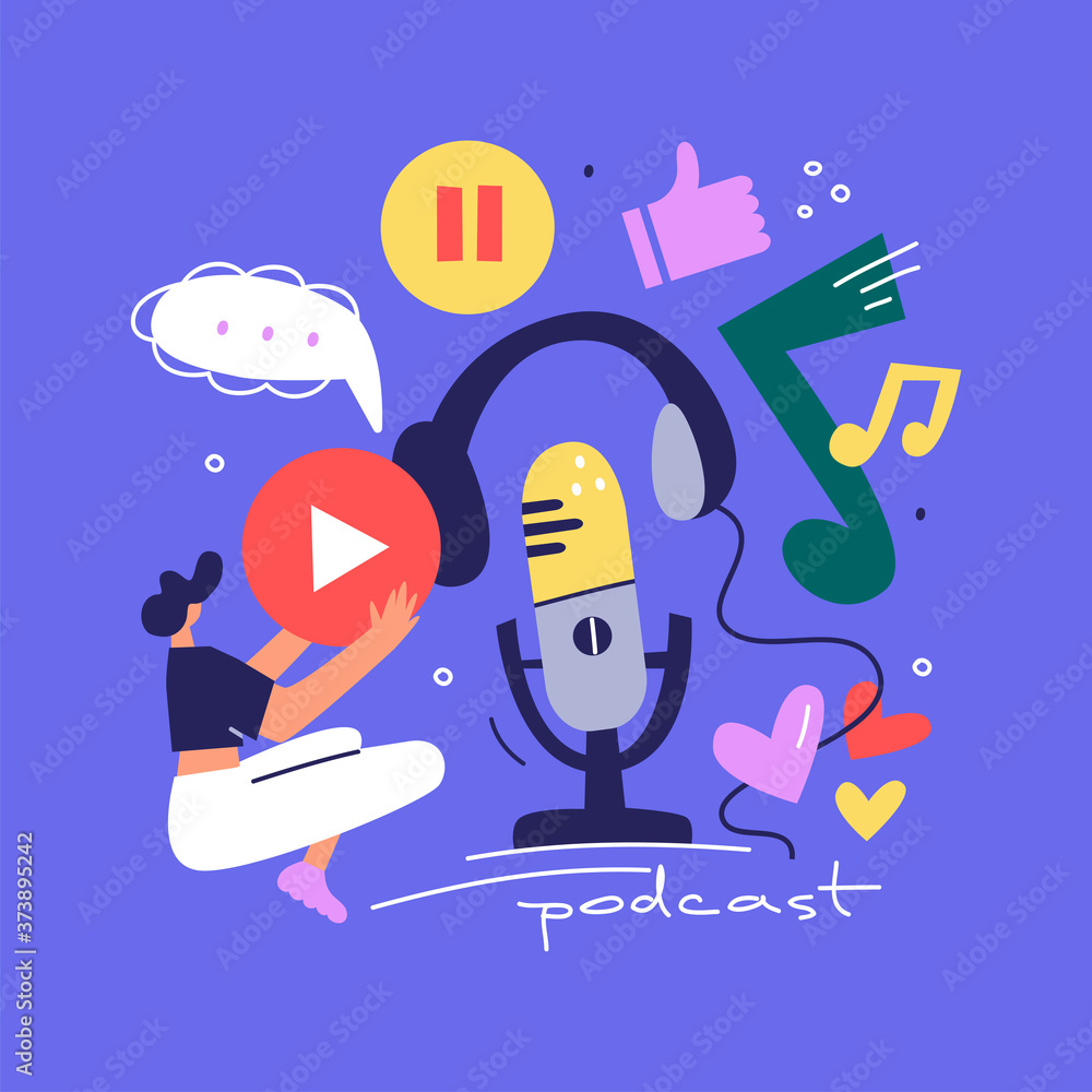 Podcast show. Funny girl holding play button, microphone, headphones ...