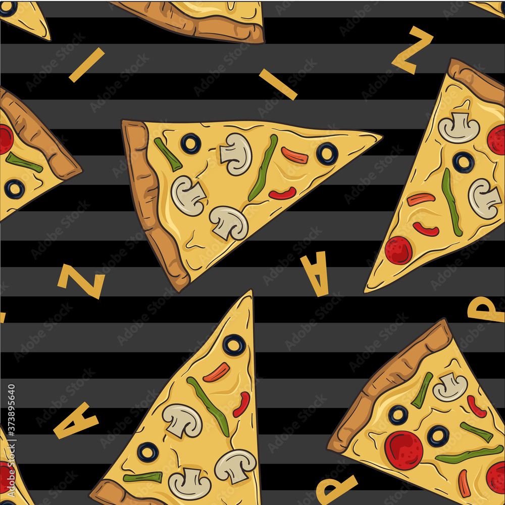 Pizza pattern in comic cartoon style with stroke. Bright food pattern ...
