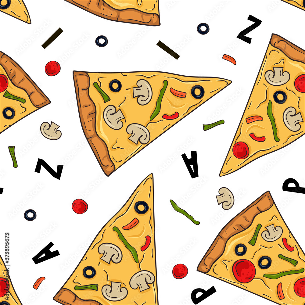 Pizza pattern in comic cartoon style with stroke. Bright food pattern ...
