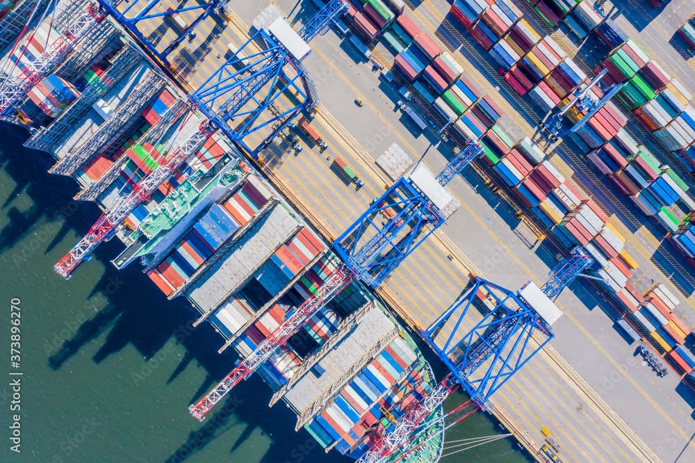 Container ship loading at port with crane, container ship carrying ...