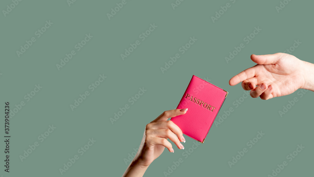 National identity. Visa center. Female hand giving foreign passport in ...