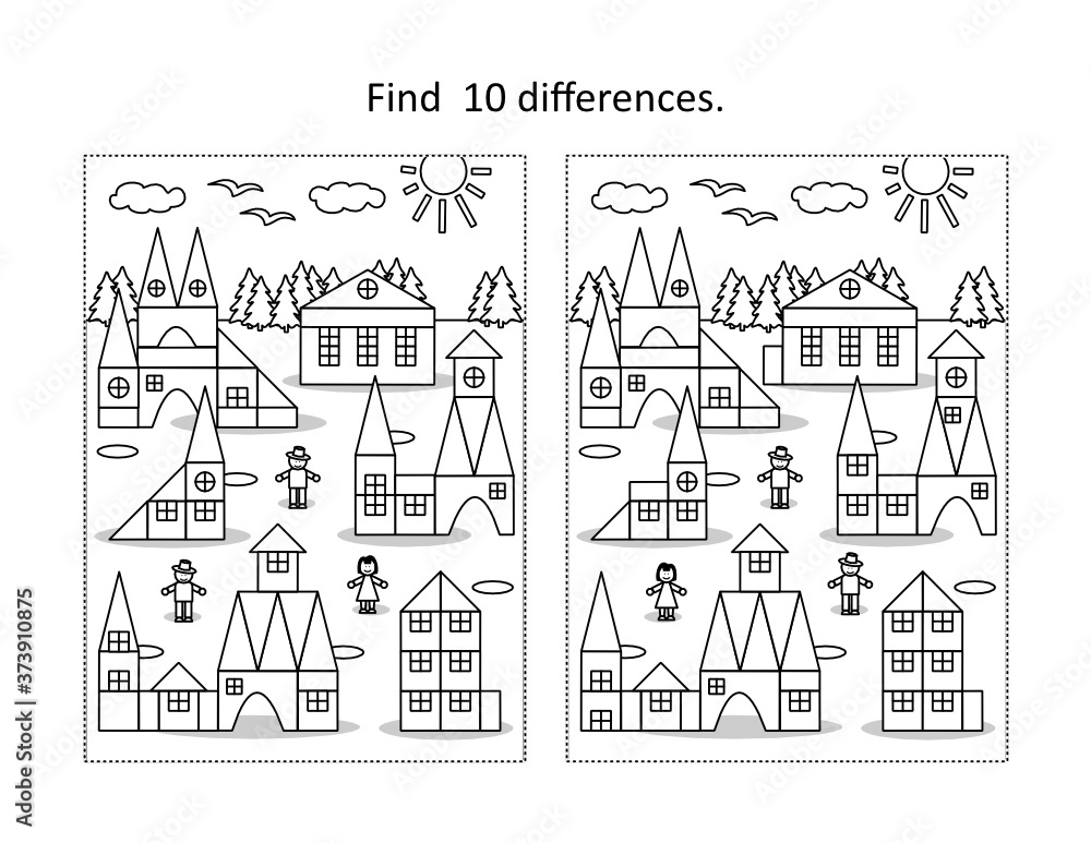 Find 10 differences visual puzzle and coloring page with toy town scene ...