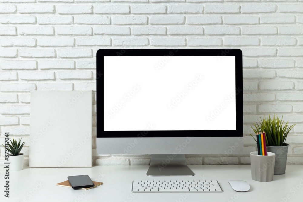 mockup computer with blank white screen and empty Poster frame with ...