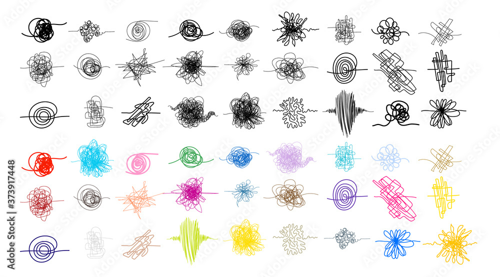 Set of hand drawn scribble colored, black and white symbols. Doodle ...