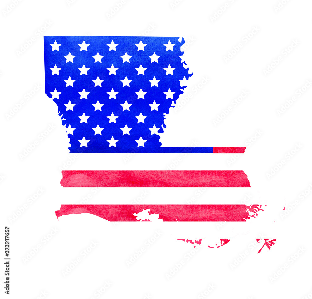 Watercolor hand drawn illustration of Louisiana state map with USA flag ...