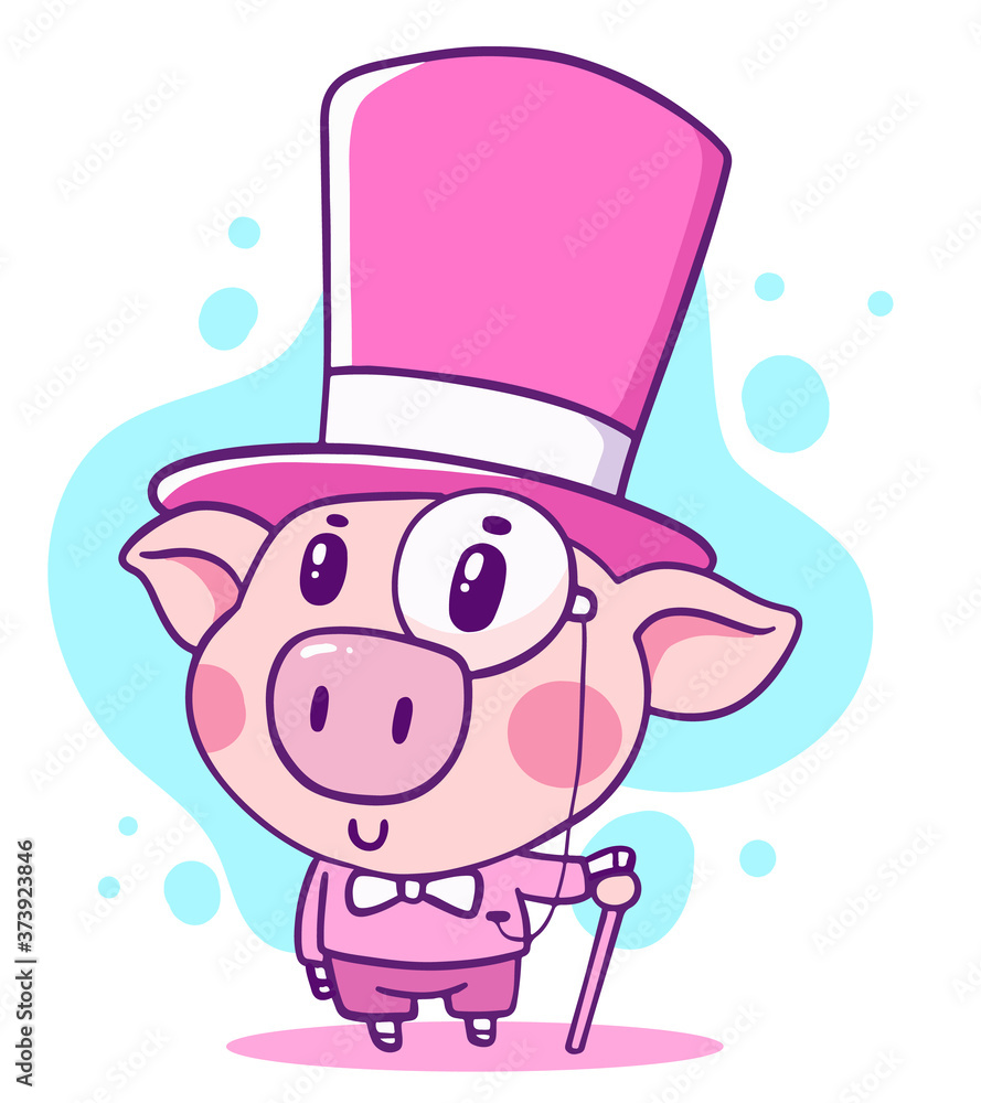 Vector illustration of rich noble cartoon piggy in top hat with walking ...