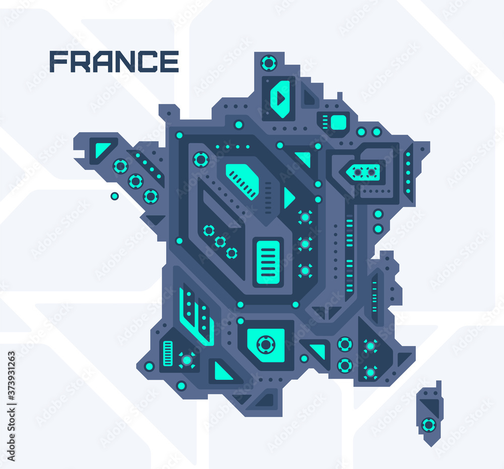 Abstract futuristic map of France. Mechanical circuit of the country ...