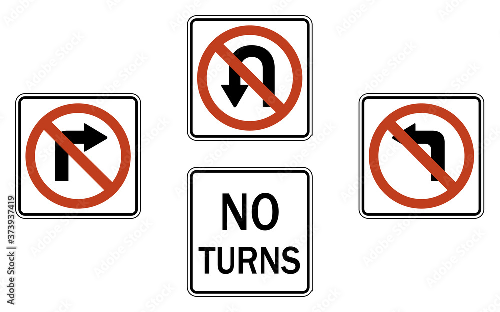 Red circle prohibition road sign set. No left turn, no right turn, no U ...