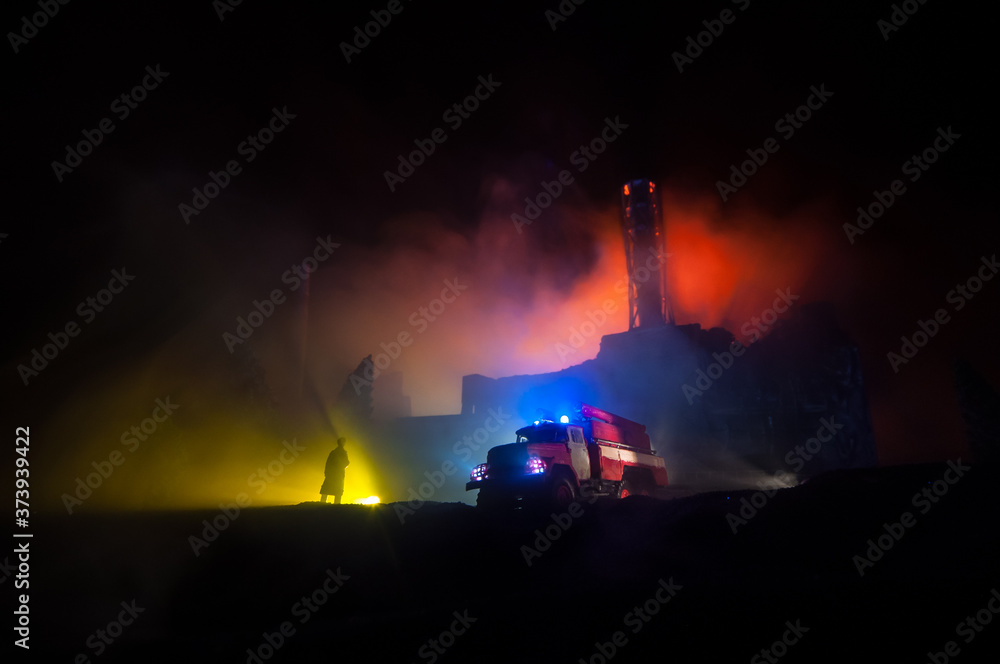 Chernobyl nuclear power plant at night. Layout of Chernobyl station ...
